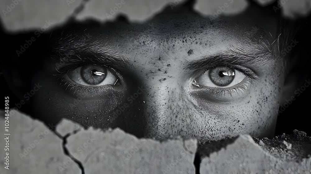 Cracked and weathered human face emerging from a barren rocky ground ...