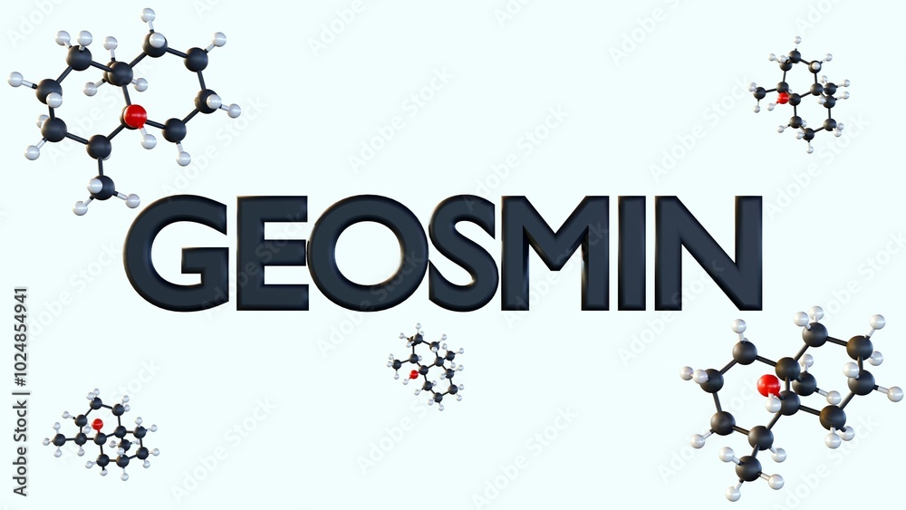 3d rendering of word "GEOSMIN" written in bold, 3D letters and chemical ...