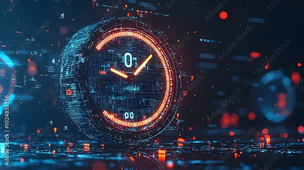 Futuristic digital clock with intricate glowing mesh lines representing the concepts of time ...