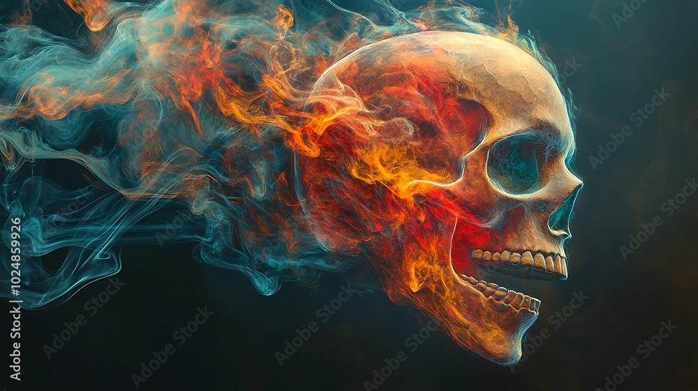 A skull disappearing and reappearing in swirling graffiti smoke, the ...