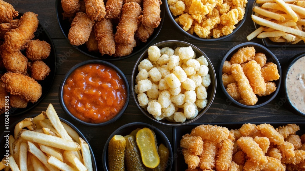 A variety of bar snacks, including fried pickles, french fries, cheese ...
