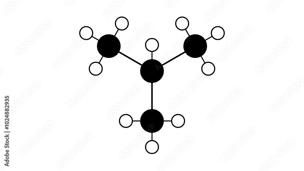 isobutane molecule, structural chemical formula, ball-and-stick model, isolated image isomer of ...