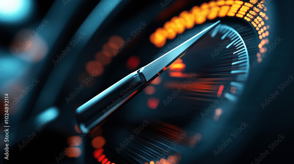 Close-up of a car speedometer with needle pointing upwards, illuminated ...