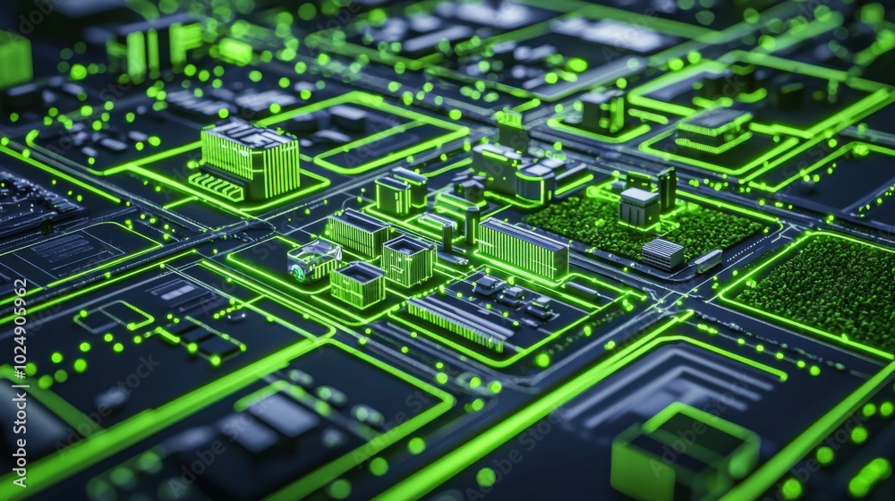 Detailed 3D model of a modern city layout with sleek buildings, roads ...