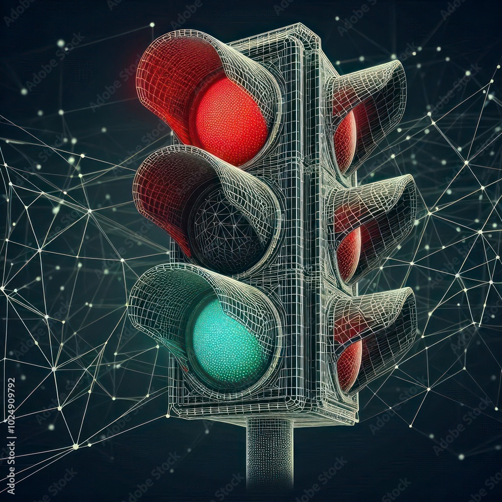 Get ready , traffic light low poly wireframe banner template. 3D get ...