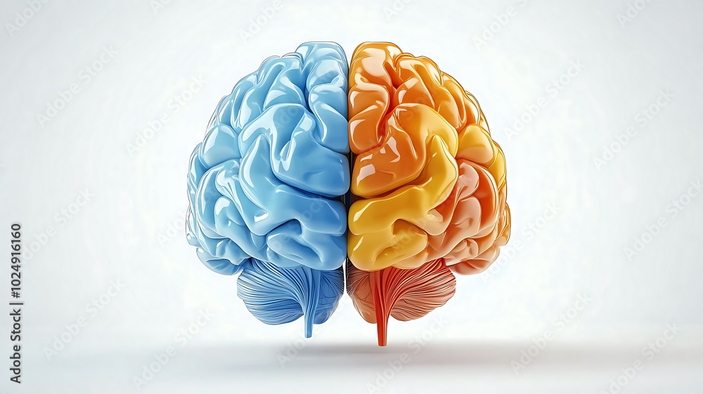colorful 3D illustration of brain, split into blue and orange halves ...