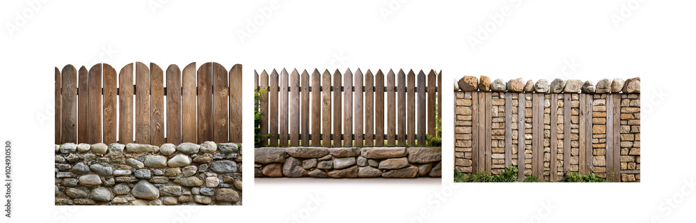 Three different types of fences, each with a stone base, are shown ...