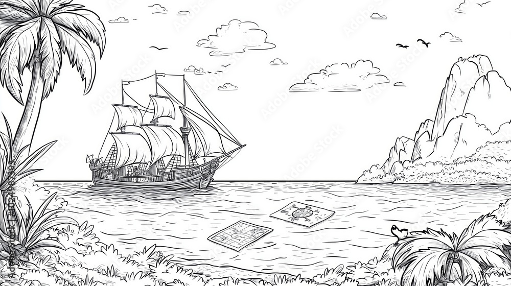 Coloring page of Adventure on a Pirate Ship Sailing the Seas Stock ...