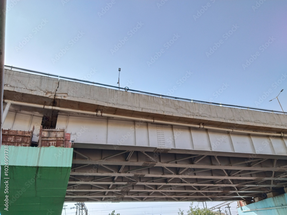Structure of reinforced concrete bridge. Bottom view of concrete bridge ...