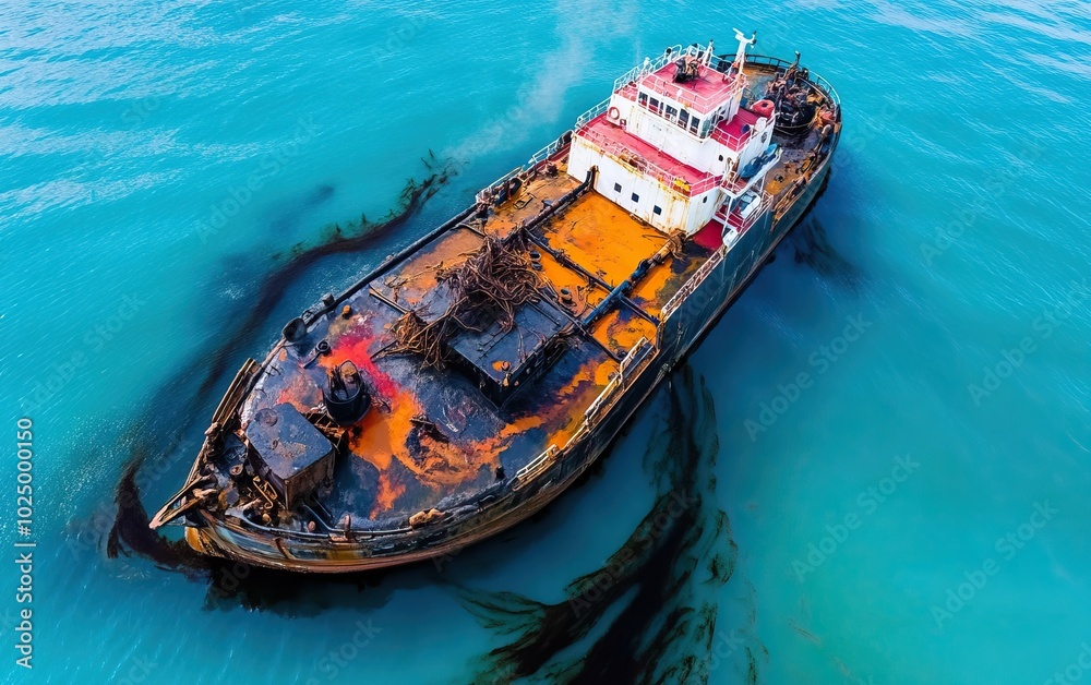 Aerial view of an old, abandoned shipwreck floating in clear blue ...