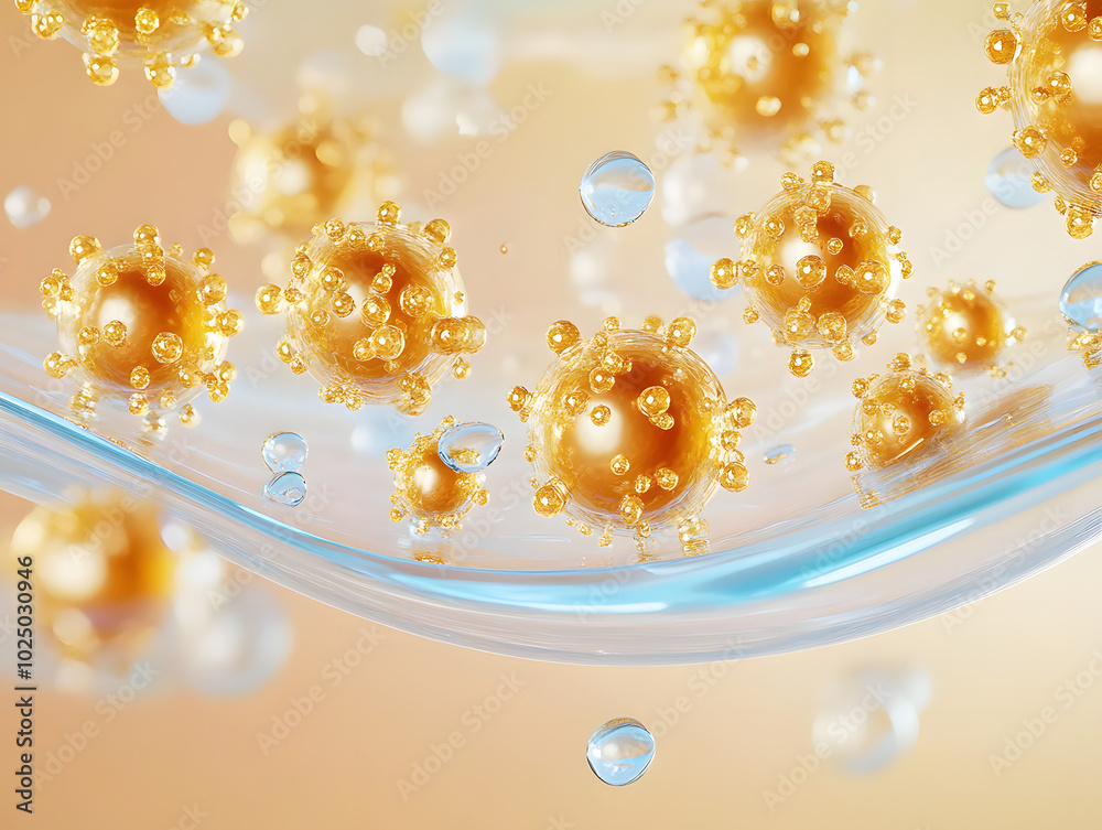 3d skin cell structure with water molecule and gold oil drops render ...