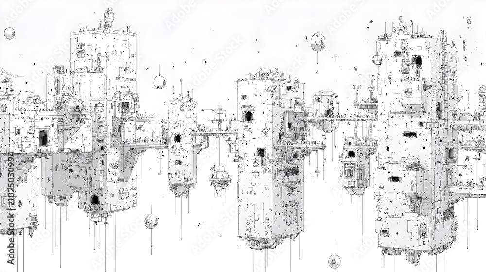 Intricate line drawing depicting an ancient walled city under a fierce ...