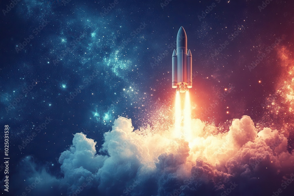 A powerful rocket takes off into space, leaving behind a trail of fire ...