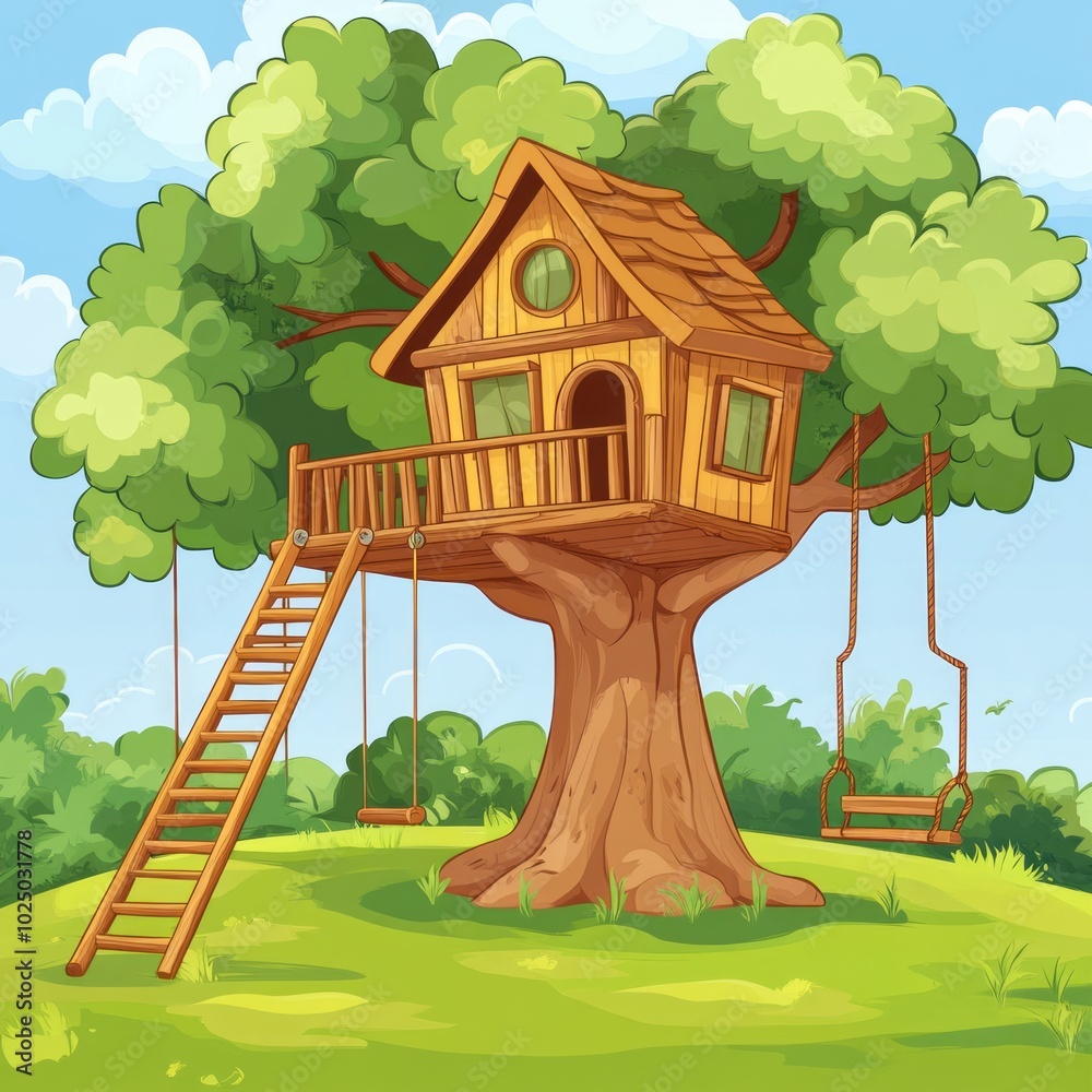 Cartoon Treehouse with Wooden Ladders and Swings Vector Illustration Stock Illustration | Adobe ...