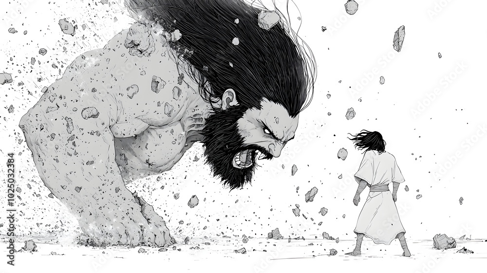 Powerful black and white line drawing depicting the biblical hero ...