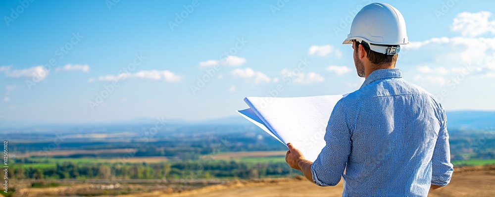Foreman Inspecting Earthworks at Wind Turbine Site - Blueprint Analysis ...