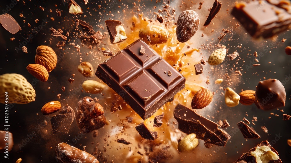 A candy bar explosion in mid-air, with different types of chocolate ...
