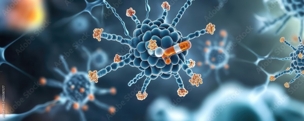 Microscopic neuron network interacting with new drug particles, Drug ...