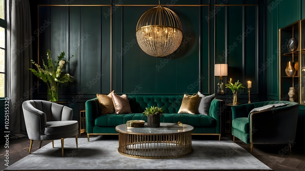 Elegant interior design of a modern lounge with a gray velvet sofa and ...