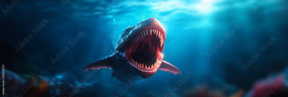 A monstrous prehistoric-looking sea creature with sharp teeth and an ...