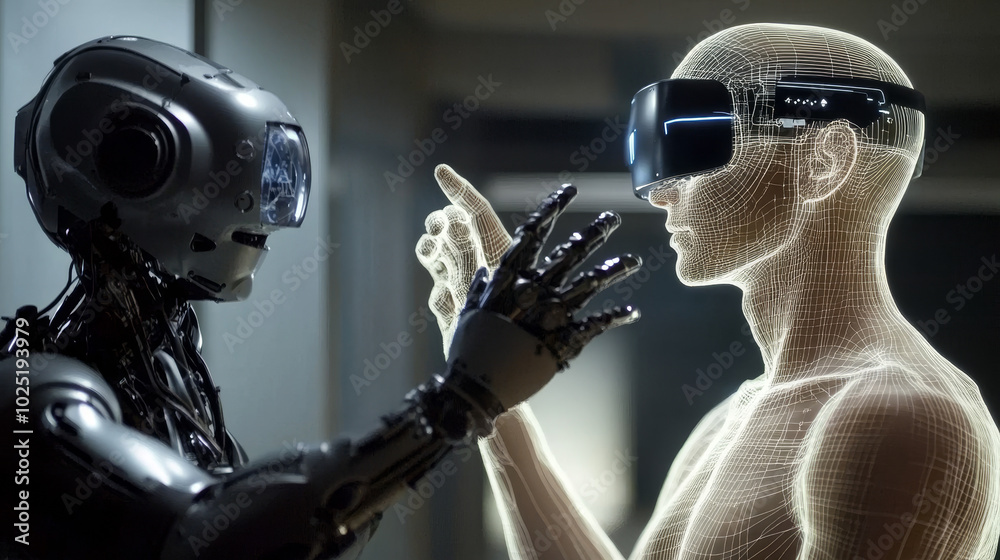 "Illustrate the symbiotic relationship between humans and machines ...