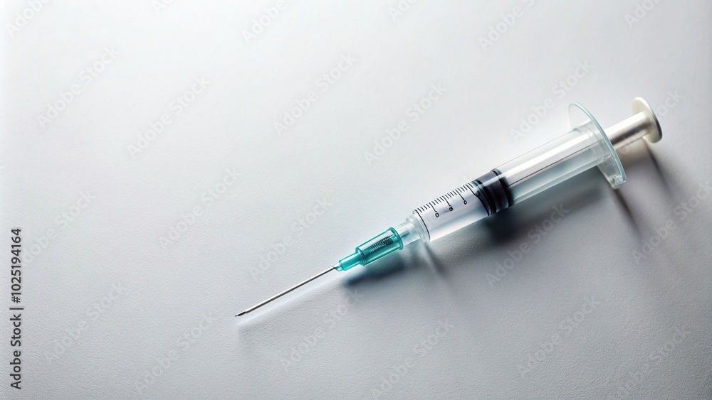 Pre filled heparin syringe placed on a clean white table from an aerial ...