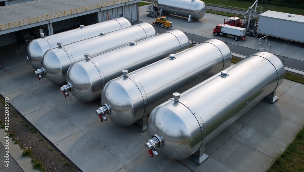 Image shows hydrogen storage tanks located within an industrial ...