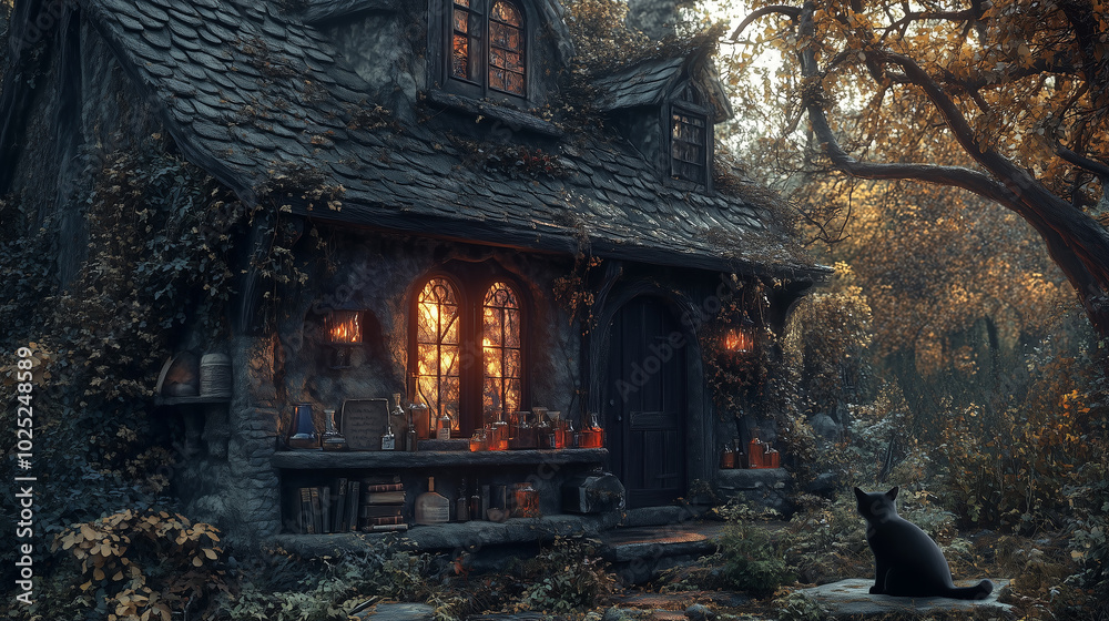 Сat on window. A creepy, old witch's cottage in the woods, with potion ...