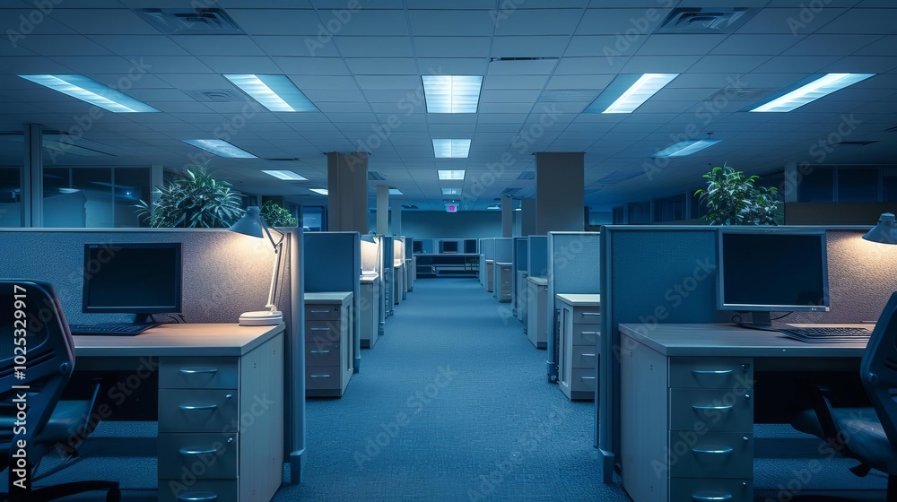 Nighttime office empty cubicles wide shot subdued lighting serene and ...