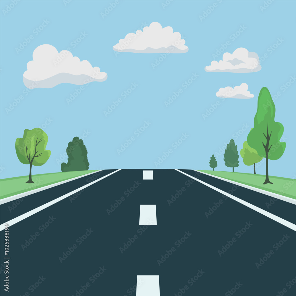 Flat Landscape Design with Road. Scenic Cartoon Highway, Nature ...
