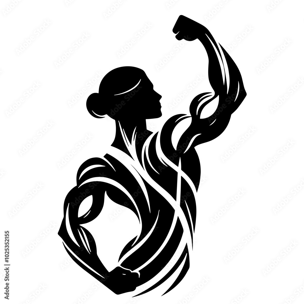 Silhouette of a female bodybuilder showing muscles, black and white ...