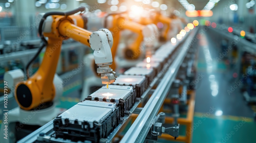 Industrial Robot Arms Assemble Lithium-Ion EV Battery Pack. Row of White Robotic Arms at ...