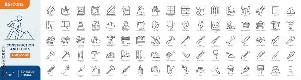 Construction and tools line editable icon set. Build, house repair tools, engineering, builder ...