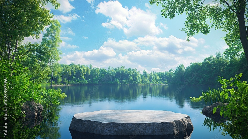 Design template of forest layout with a fresh blue water lake has a ...