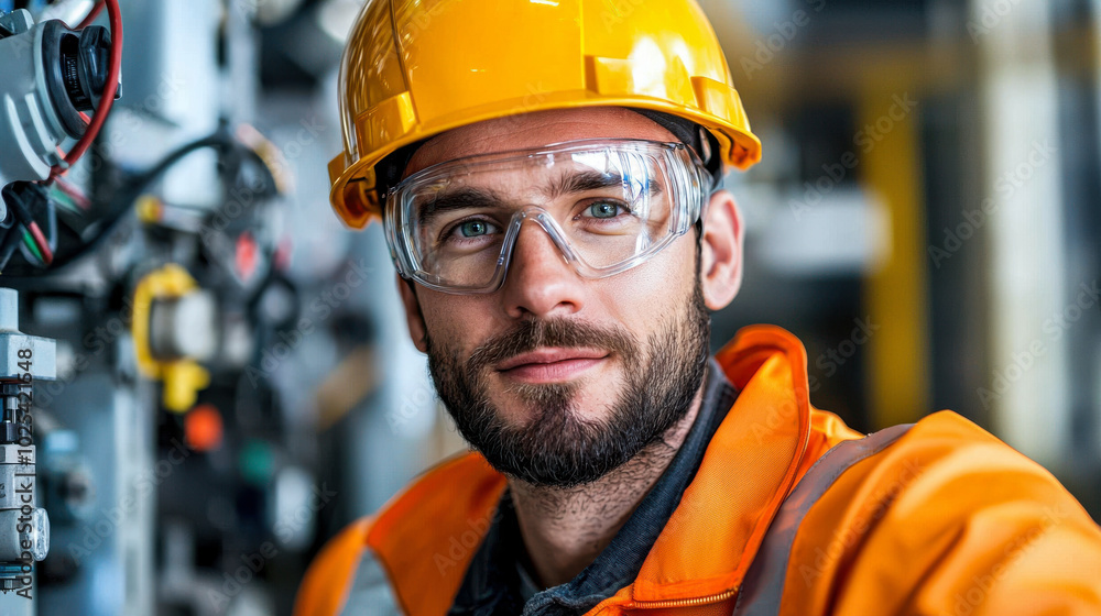confident electrical engineer wearing hard hat and safety goggles ...