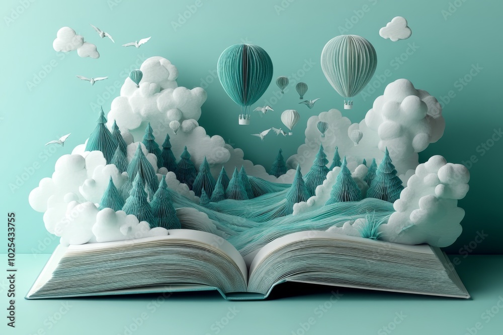 Open Book with Papercraft Forest Clouds and Hot Air Balloons Stock ...