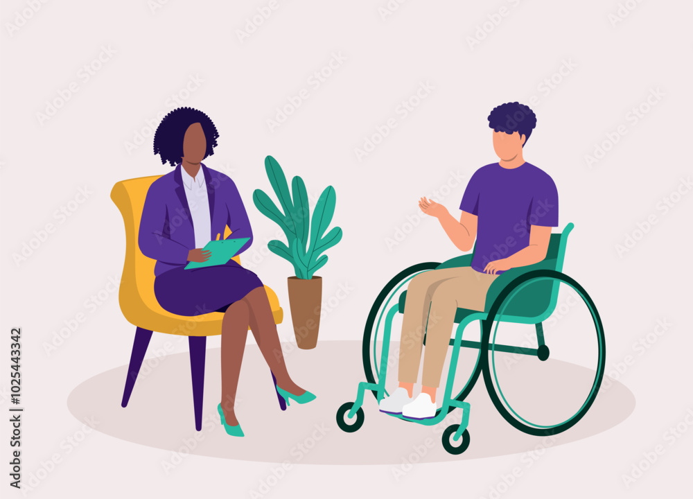 Disabled Young Man In Wheelchair Seeing A Female Psychologist During A ... Disabled Young Man In Wheelchair Seeing A Female Psychologist During A ...