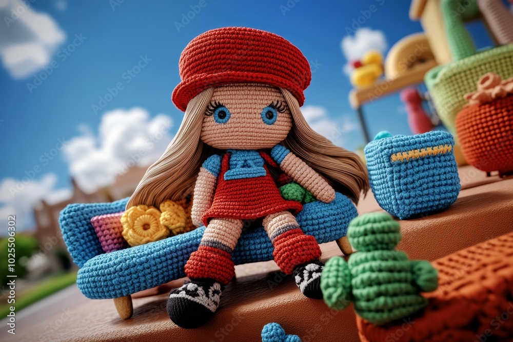 3D-rendered crochet doll, with lifelike yarn textures and detailed ...