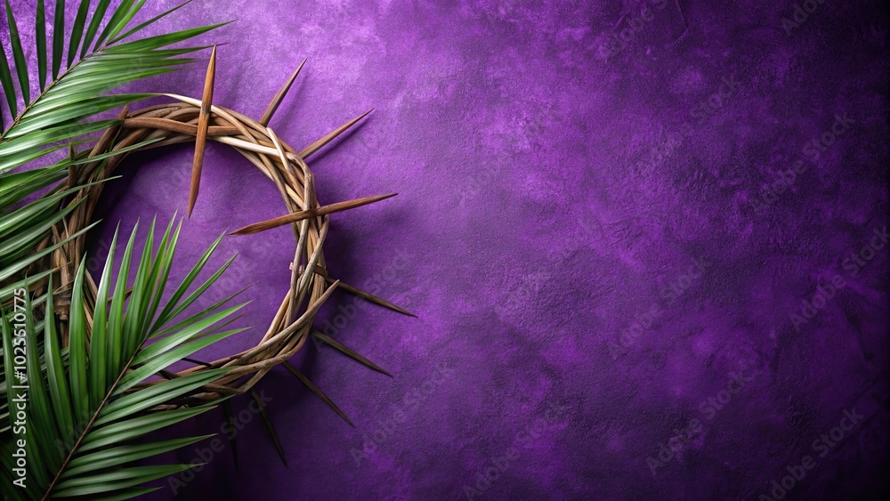 Dark purple background with tilted angle cross of ashes palm fronds ...