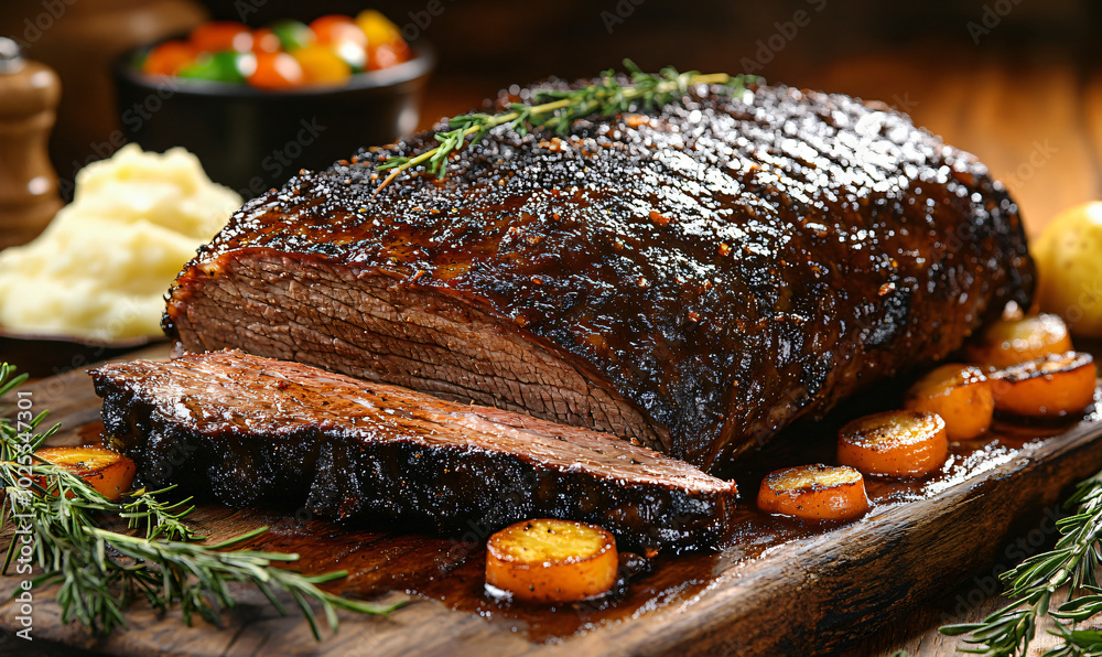 Slow-cooked beef brisket being carved on a wooden board, with savory ...