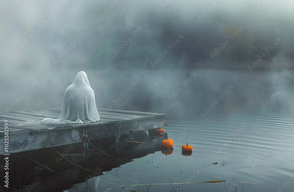 Spooky scene of a ghost in white sitting on a dock with pumpkins ...