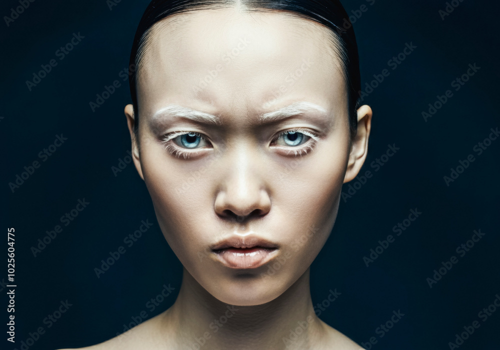 Intense expression with white eyebrows and slicked hair on dark ...