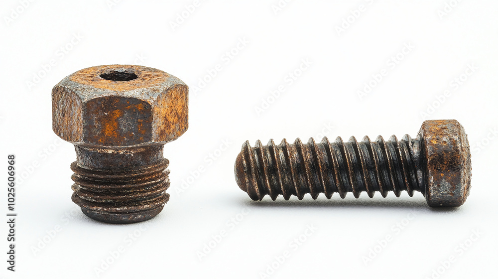 Foto de Stock Damaged bolt and screw with visible rust on white ...