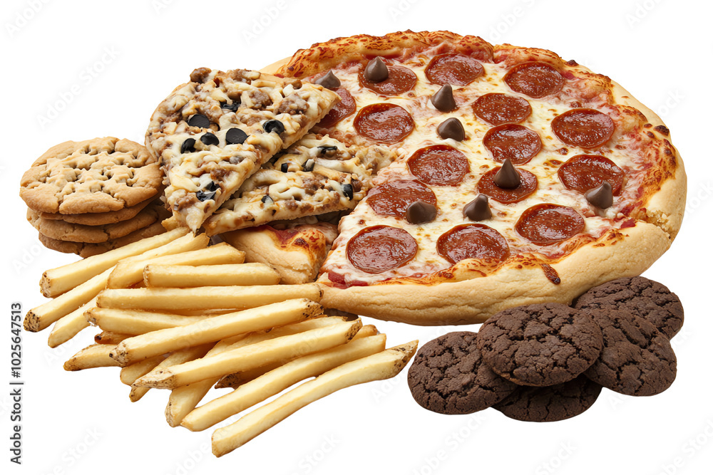 Pizza, Fries, and Cookies: A tempting spread of pepperoni pizza, french ...