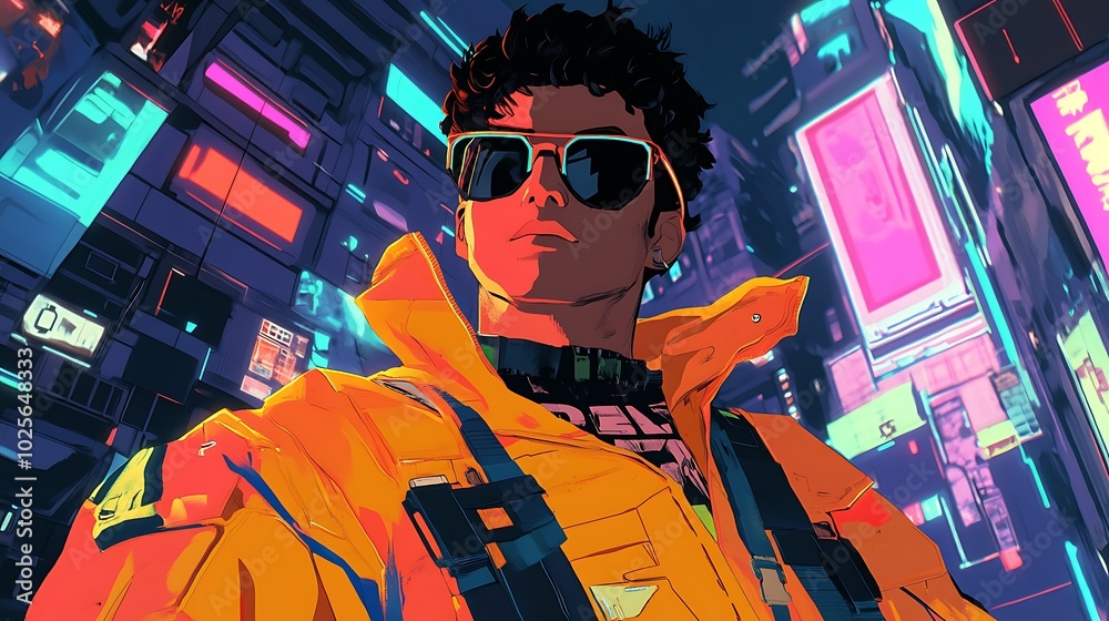 80s arcade protagonist wearing a neon jacket and sunglasses, pixelated ...