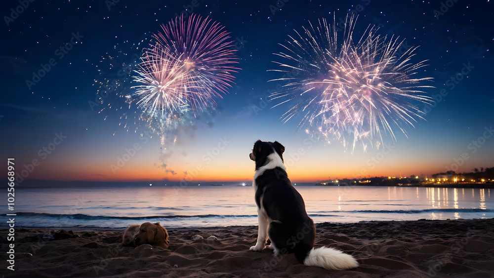 Dog with fireworks new year's eve. Cute puppy sitting on beach ...