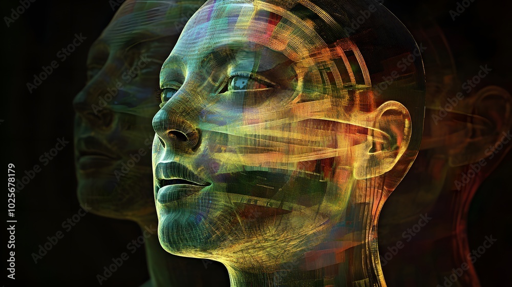 33. A holographic depiction of a human face transforming through ...