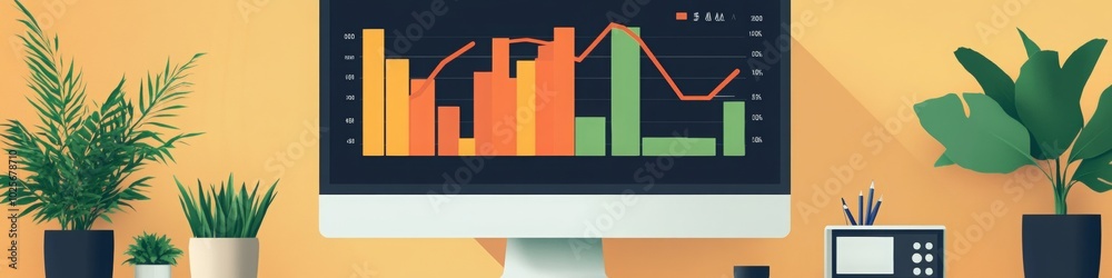 Computer Screen Graphs, Charts on a LinkedIn Banner with Green Potted ...