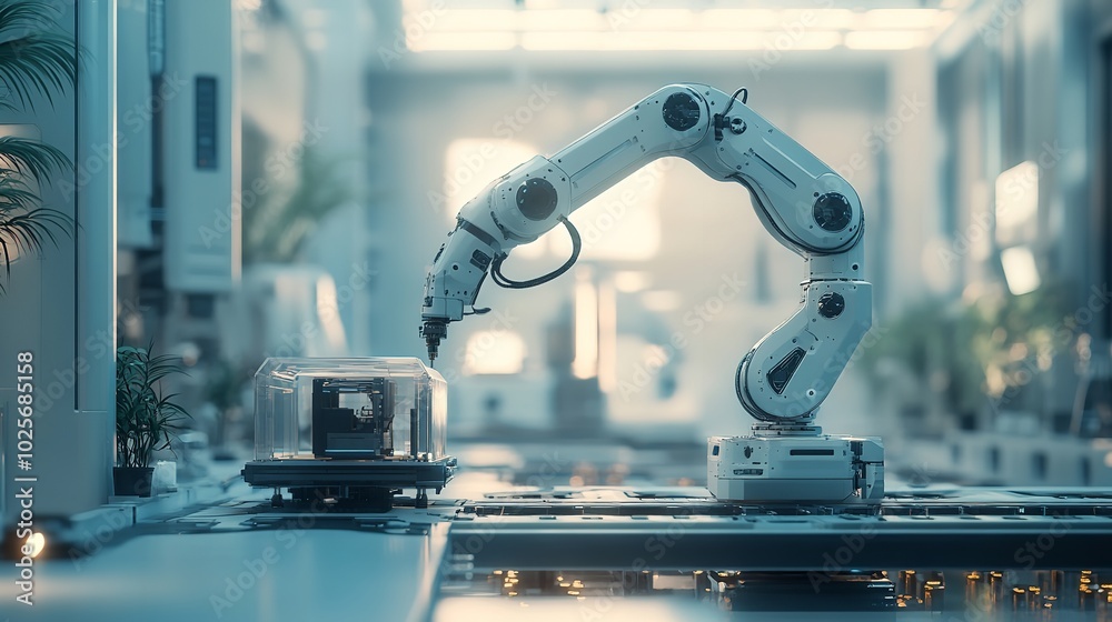 The robotic arm expertly manipulates various materials in a high-tech ...