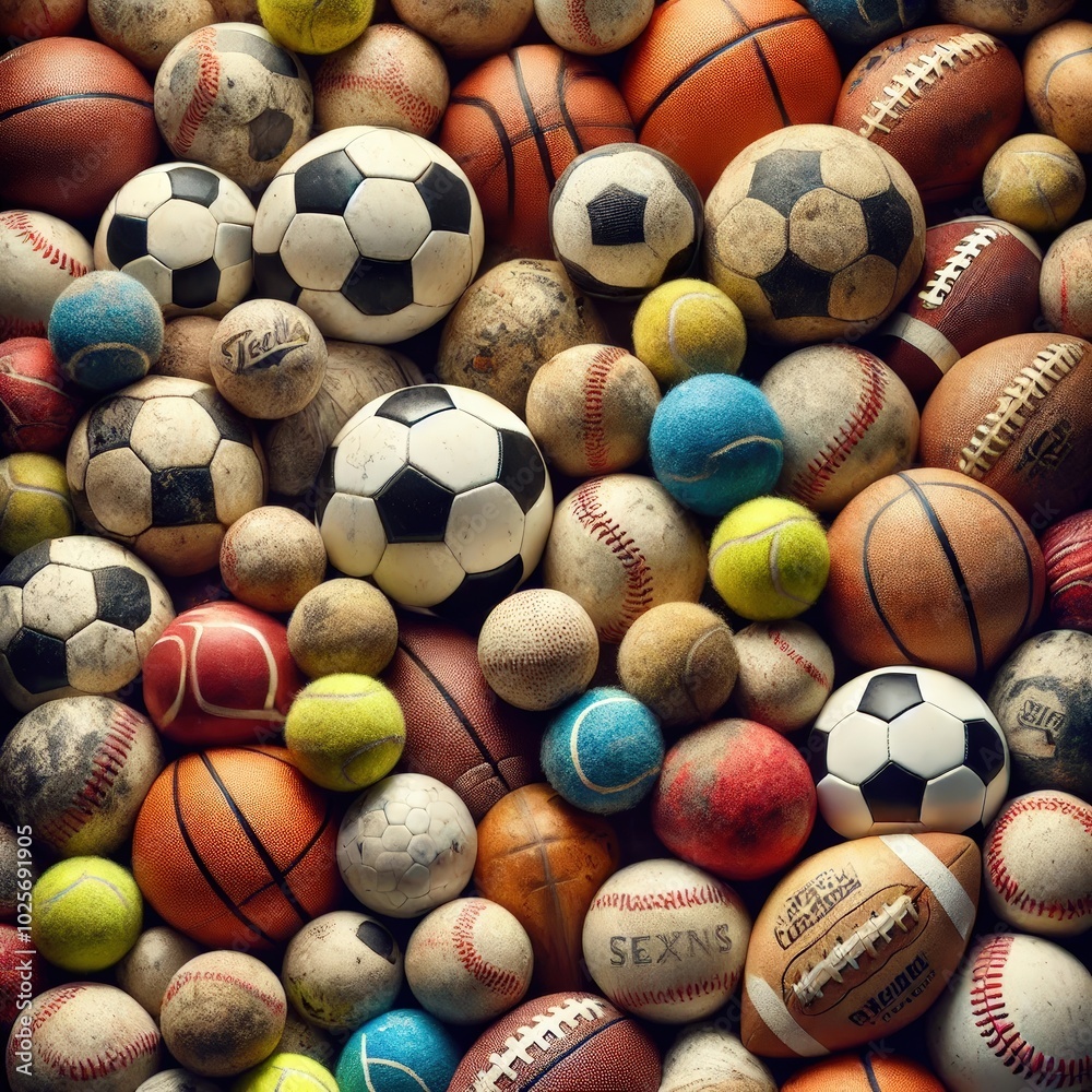 various sports balls of different shapes, sizes, and wear conditions ...